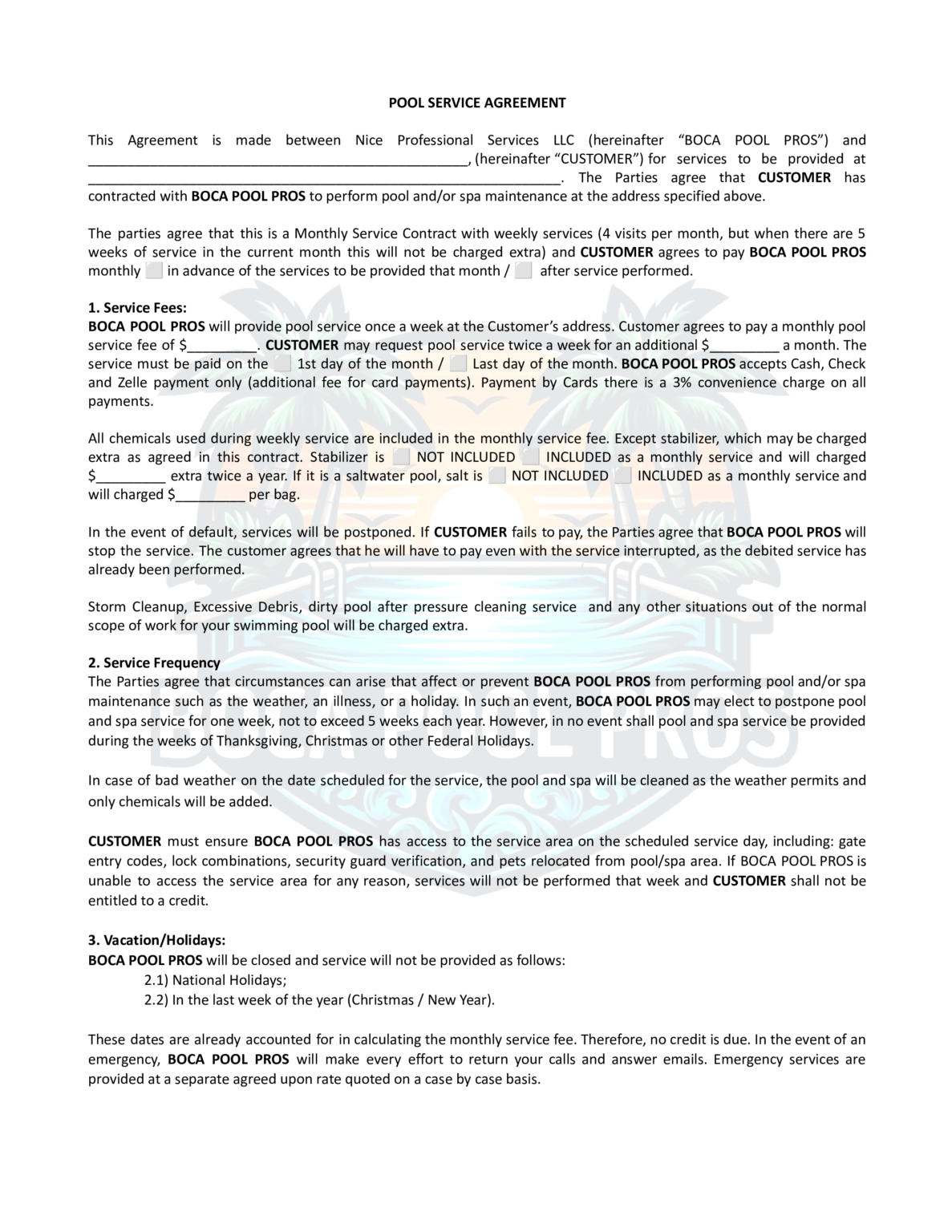 Pool Service Agreement – Pool Pros