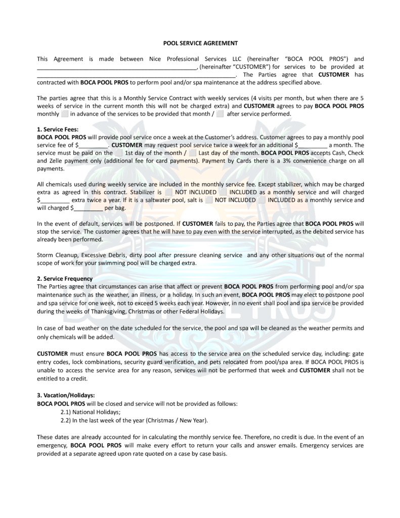 Pool Service Agreement – Pool Pros